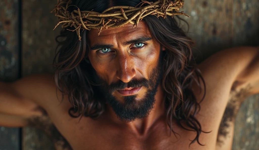 A hyper-realistic depiction of Jesus Christ on the cross, featuring a ...