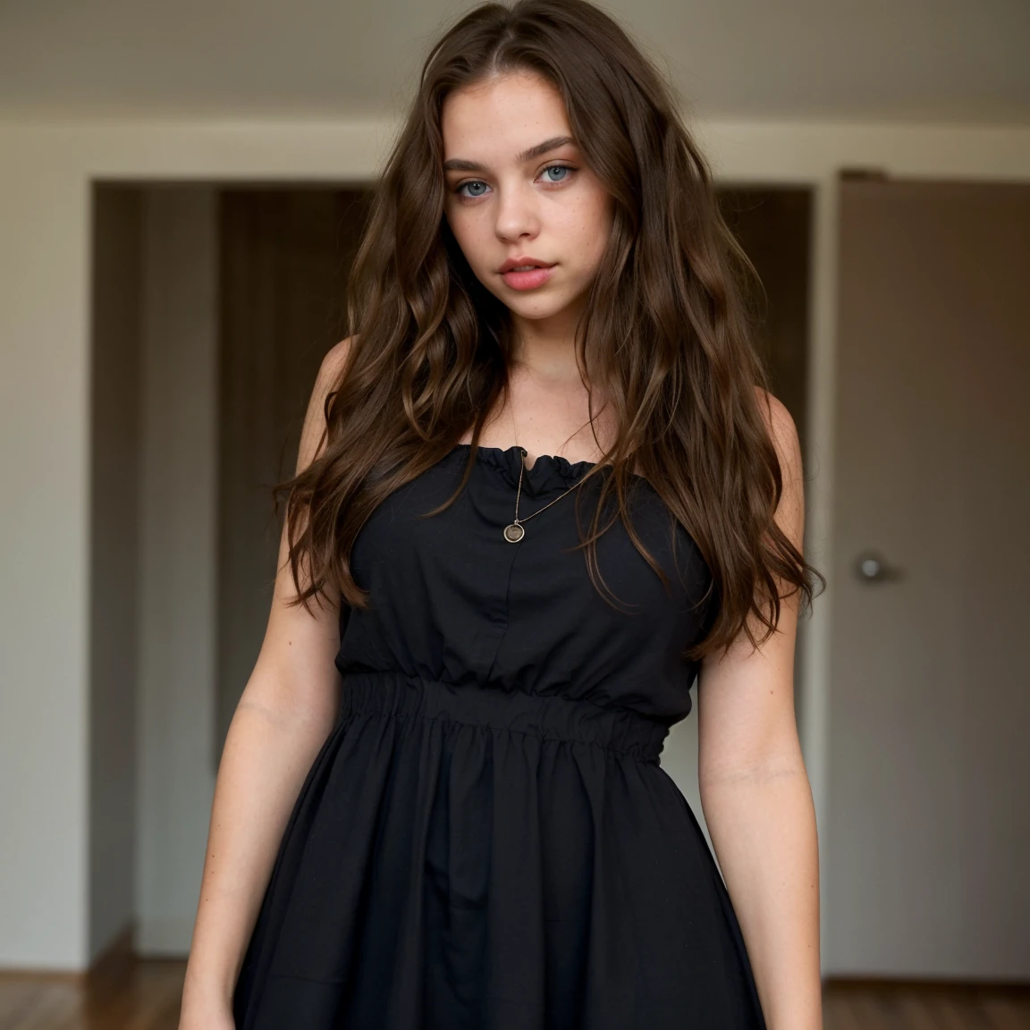 Beutiful girl, wavy brown hair, blue eyes, big lips, wearing a short ...