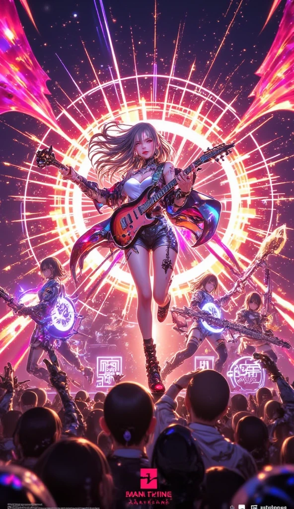 A vibrant anime girl band performing on an explosive, dazzling stage ...