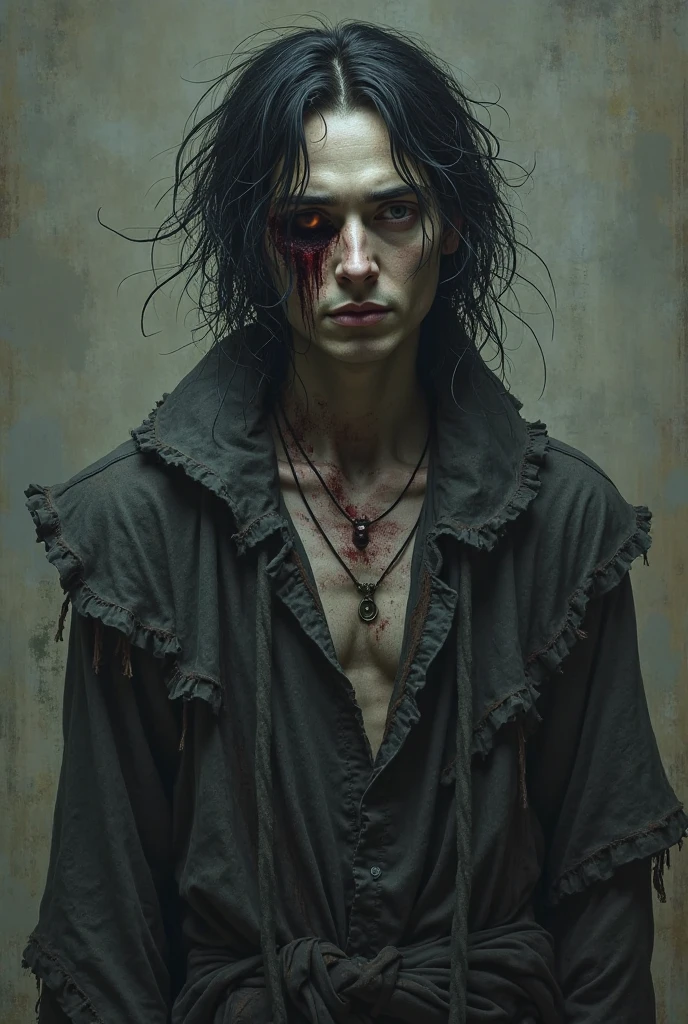 "A gaunt man in tattered charcoal robes, messy black hair, pale skin ...