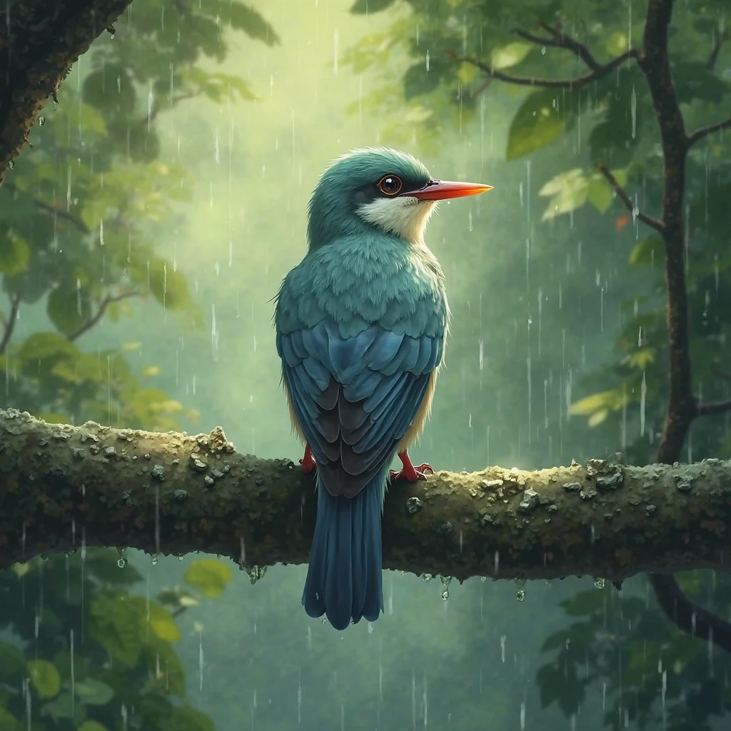 A bird perched on the branch of a tree with a wet beak and tail ...