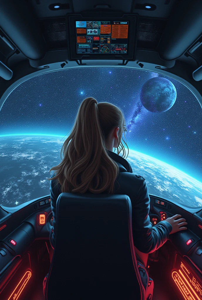 A young girl，cyberpunk girl，Driving a small spaceship across the sea of ...