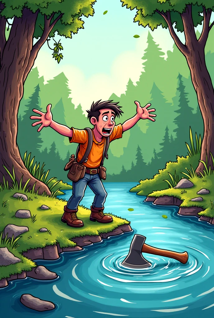 A poor woodcutter falled his axe in river cartoon - SeaArt AI