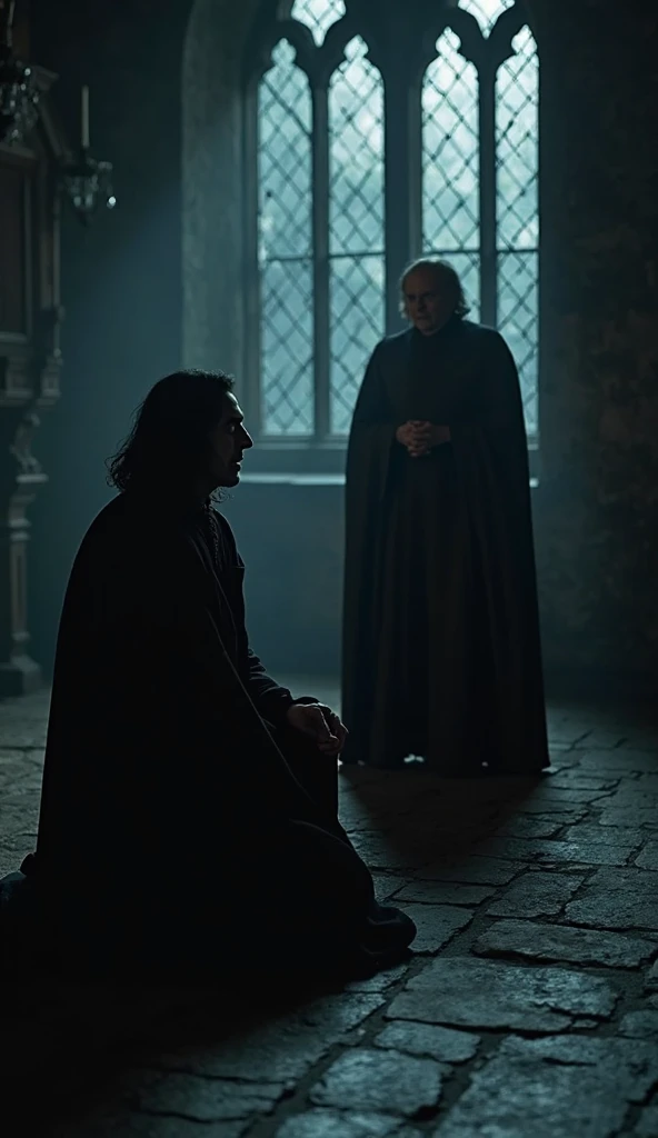 A first-person cinematographic shot watching from the shadows as Snape ...