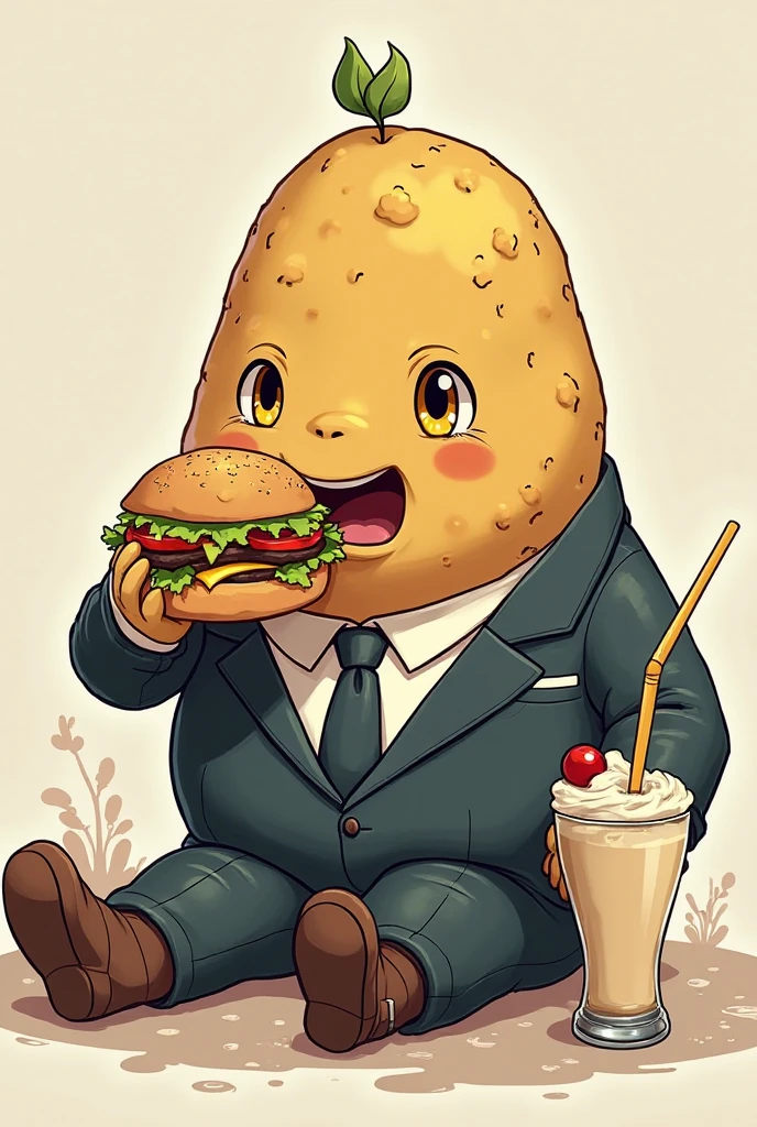 Draw for me a potato with yellow eyes in a suit of juice , eating a ...