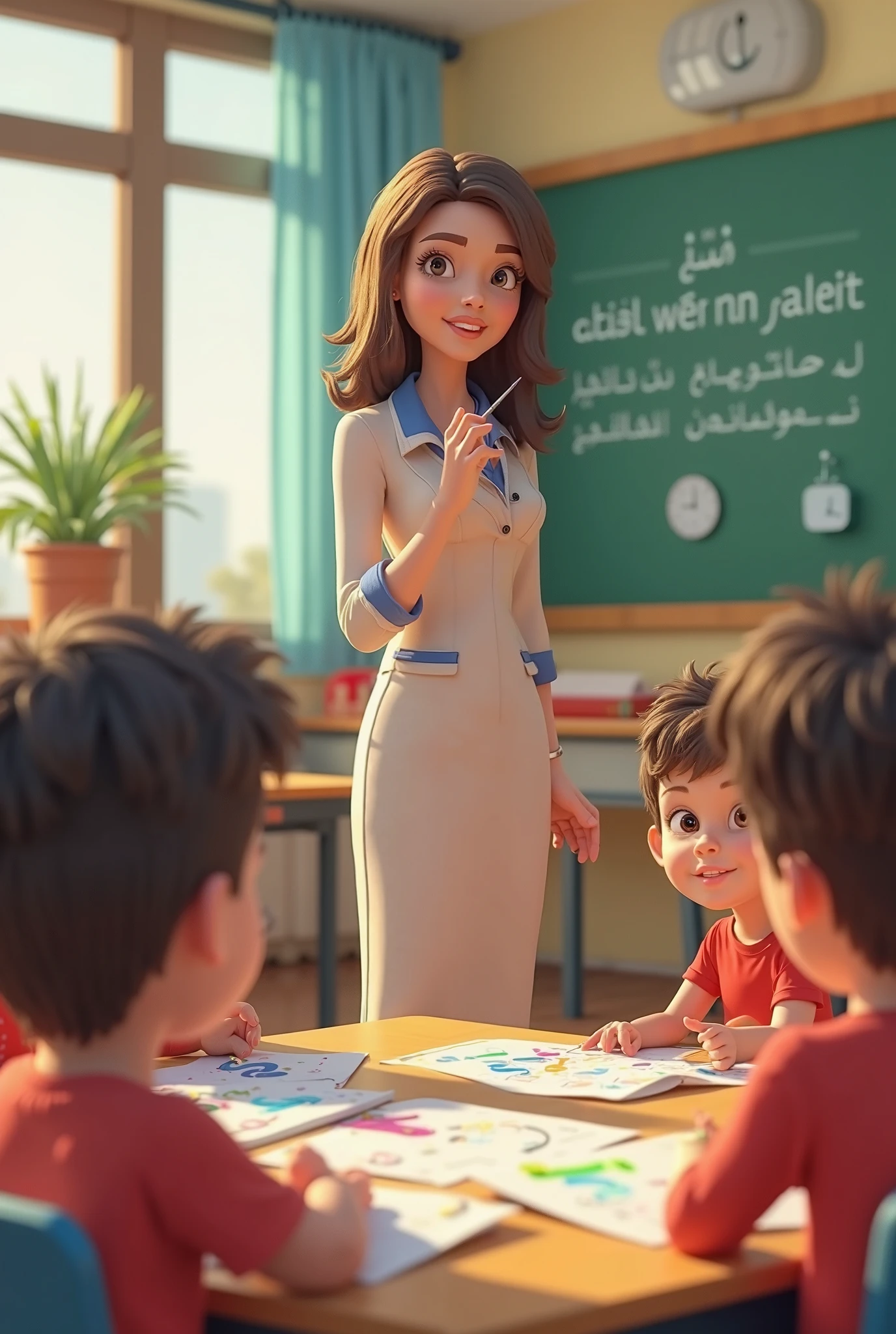 There is a woman standing in front of a classroom with children - SeaArt AI