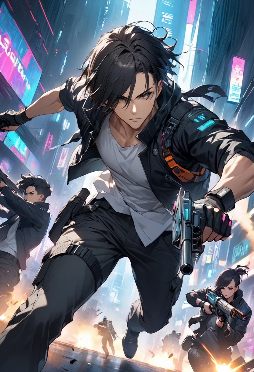 Young man with dark hair" ASUKA"、Fierce cyberpunk-style shootouts gun ...