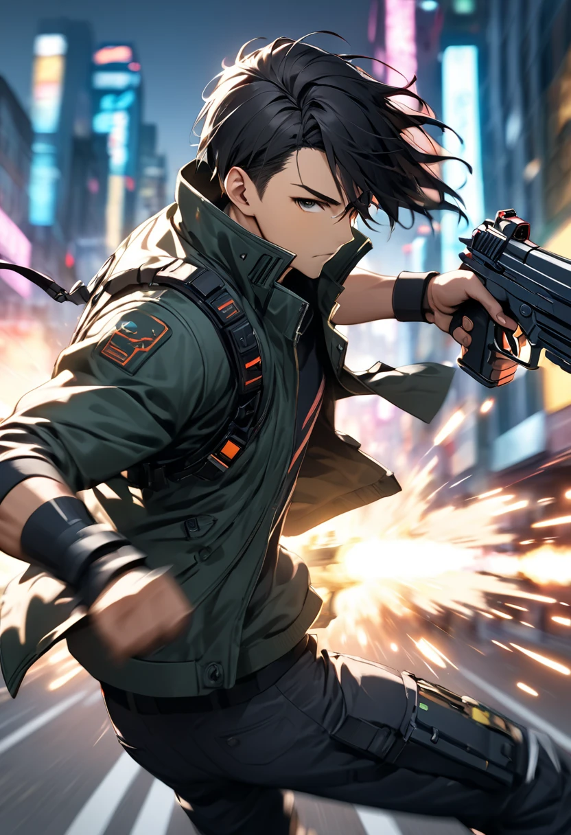 Dark-haired young man" Asuka"、Fierce cyberpunk-style shootouts gun ...