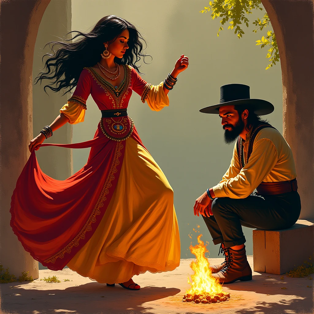 A brown gypsy woman dancing standing up in red and yellow costumes ...