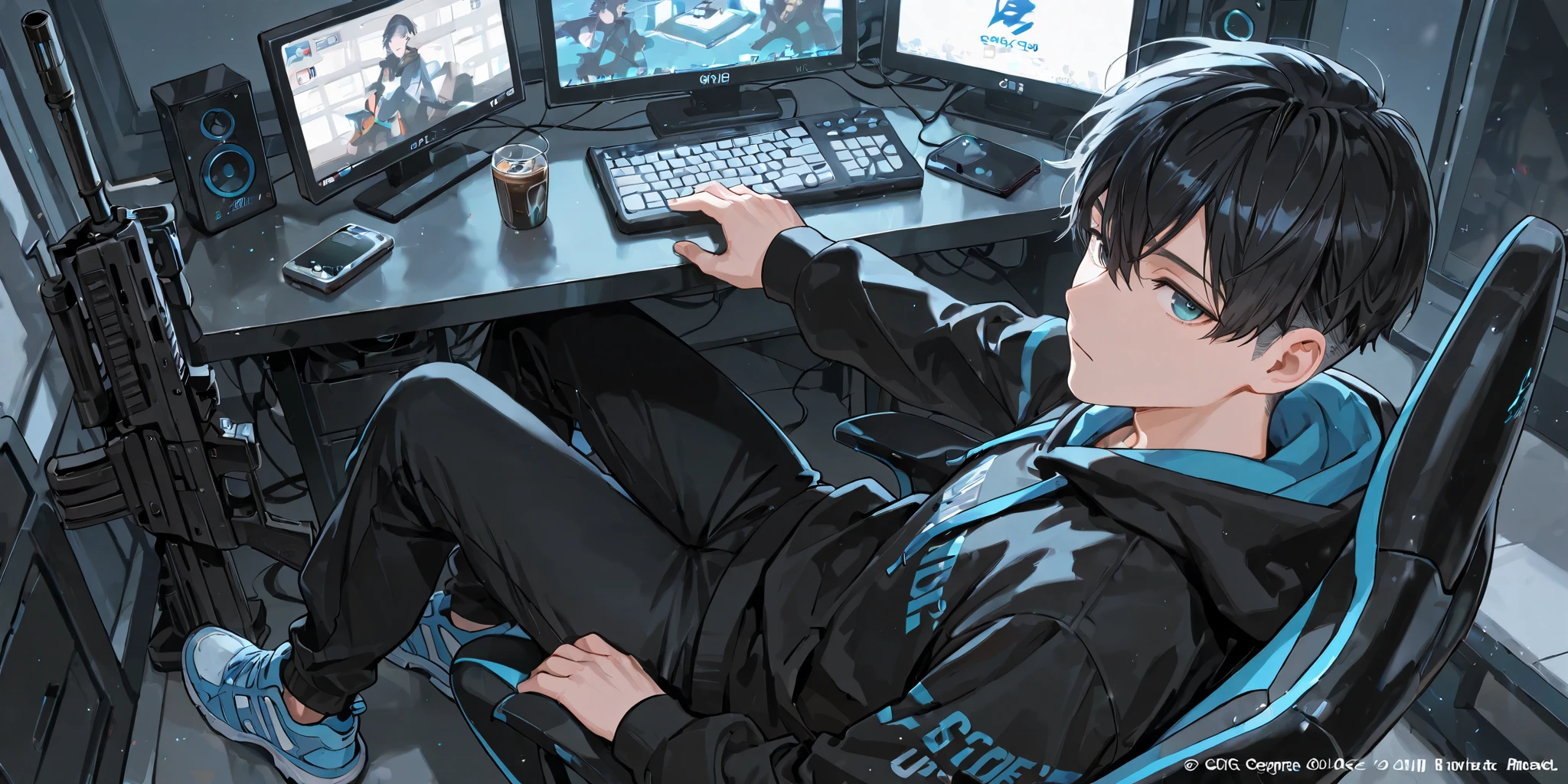 Anime boy sitting in a chair with a computer and a keyboard - SeaArt AI