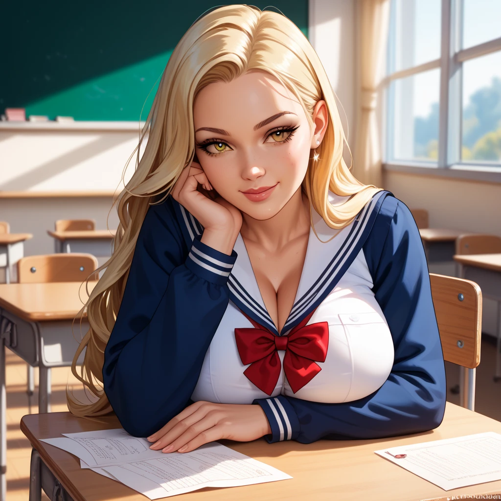 18 years old, 1girl, rest one's chin on one's hand, School, classroom - SeaArt AI