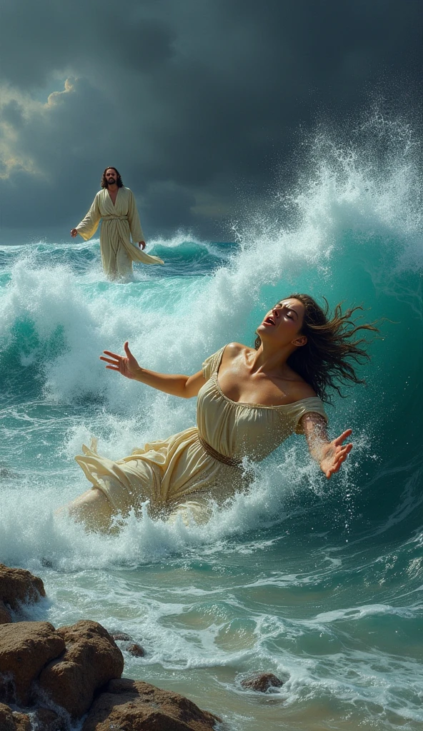 A woman drowning, Jesus on the side - SeaArt AI