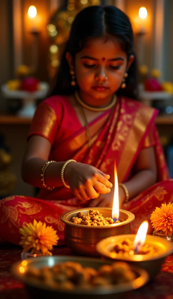 "A sacred South Indian pooja scene where a young girl, dressed in a ...
