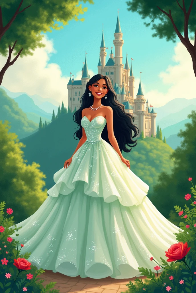 Quinceañera Woman, tez morena, full body, long dress, animated cartoon ...