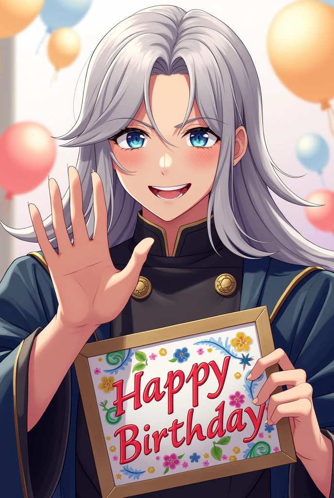 Gojo Satoru holding a happy birthday sign and sending a hand kiss ...