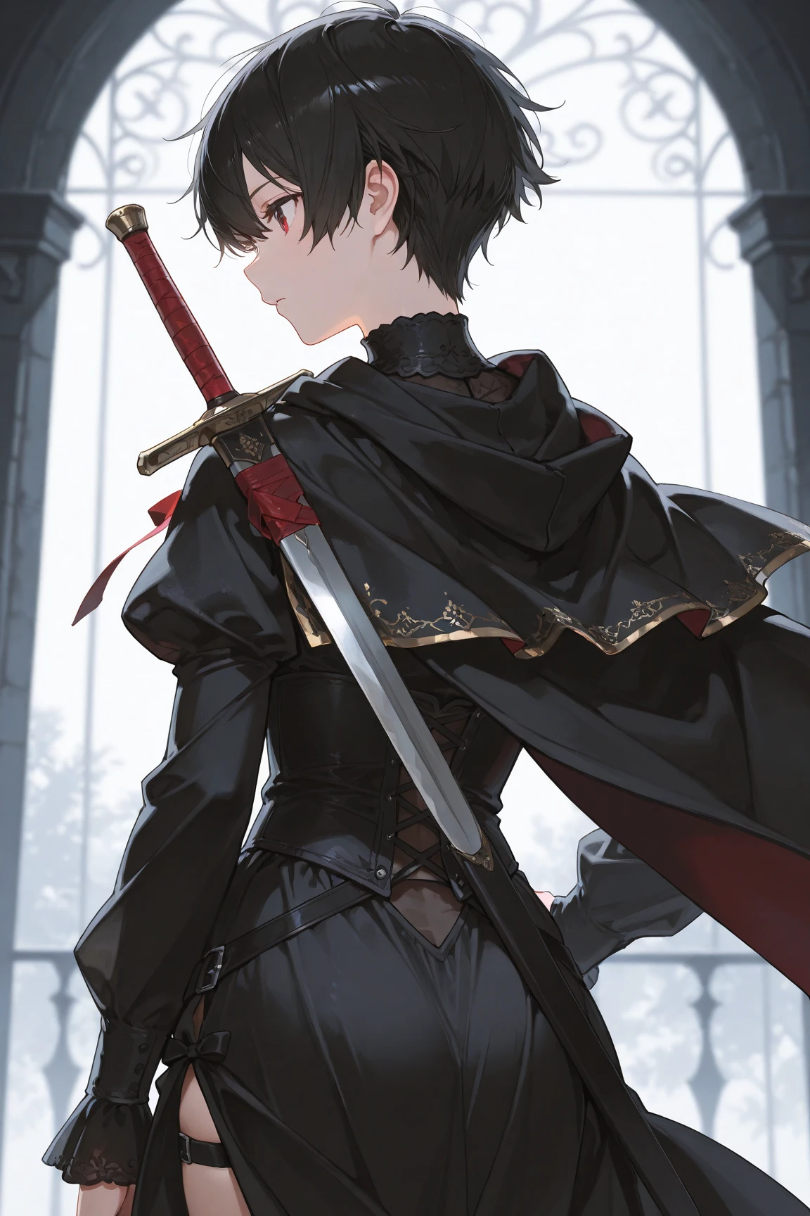 Man,black short hair,black medieval male dress,black cape,sword ...