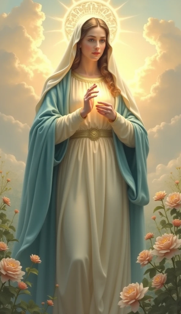 A serene and compassionate depiction of the Virgin Mary, portrayed as a ...