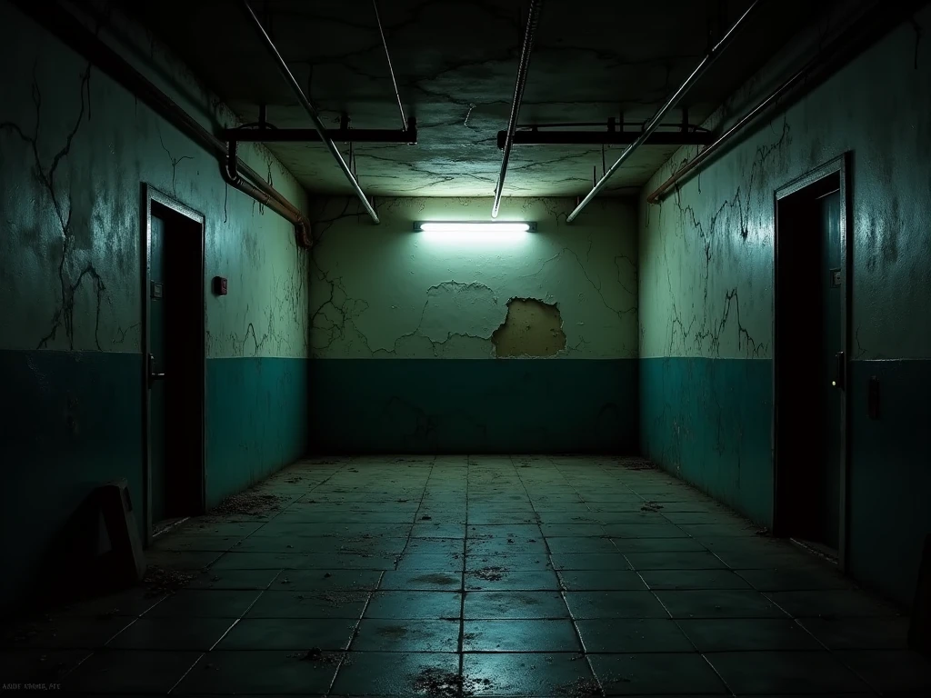"A dark and abandoned school maintenance room, seen from a fixed third ...