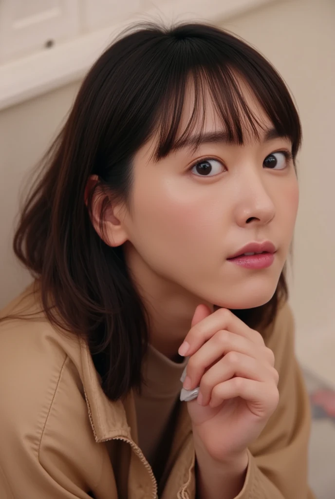 high resolution portrait photo of a Japanese woman behind her arm ...