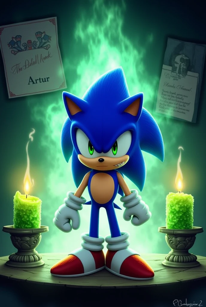 Create a full-body image of Sonic with a green candle and a poster with ...