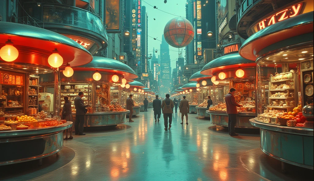 A floating retro-futuristic marketplace, where sleek, levitating kiosks ...