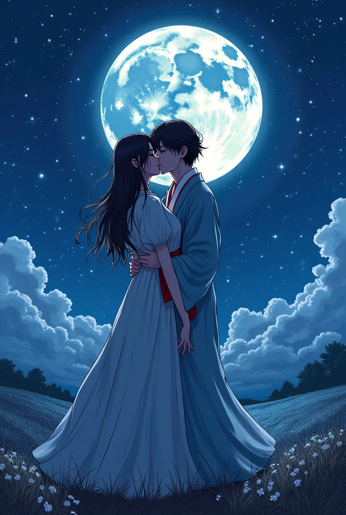 Japanese girl comic style，Clean and detailed moonlight camp，The deep kiss of the - SeaArt AI