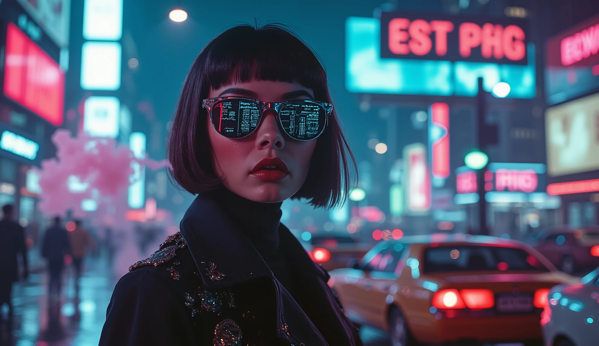 Araffe woman in sunglasses standing in the middle of a busy city street ...