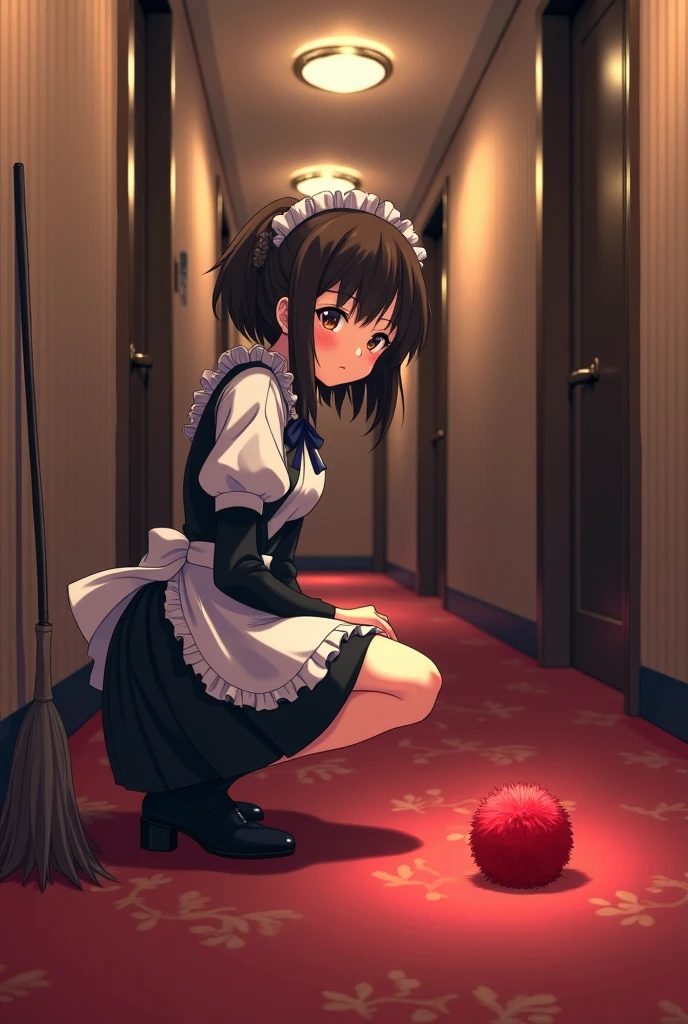 In a hotel corridor without doors, a female maid, dressed in a meido or ...