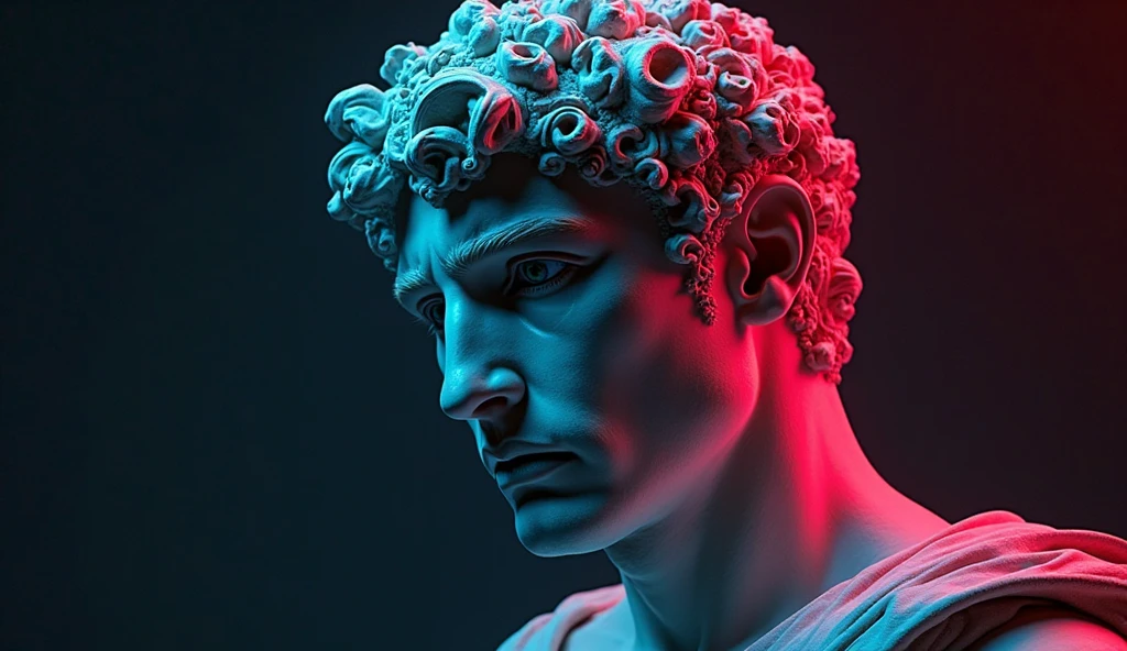 Dark neon sculpted portrait, ancient roman bust, dramatic lighting ...