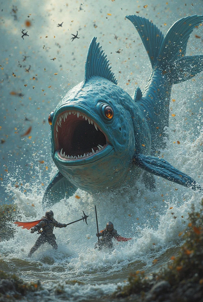 Create an image of a fierce fighting fish battling a troop of tiny ...