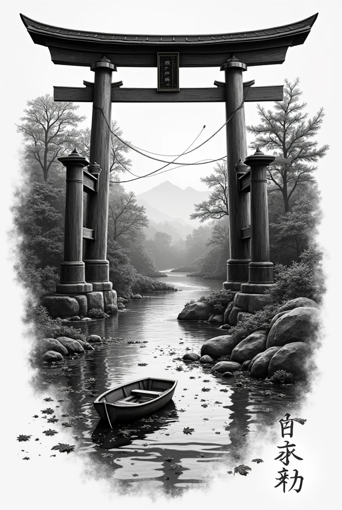 Black and white torii gate tattoo with river in the middle with boat ...