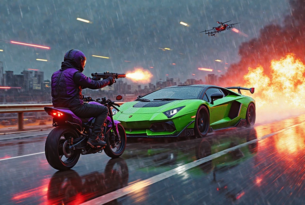 Colorfull gunfight(firing guns) between green Futuristic_Car and purple ...