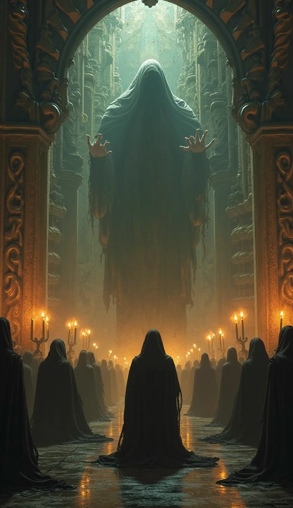 "A candlelit temple where shadows projected on the walls form ...