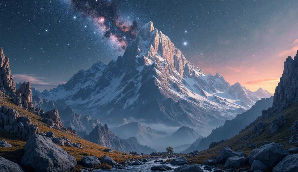 A majestic mountain, imposing and full of details, with realistic rock ...