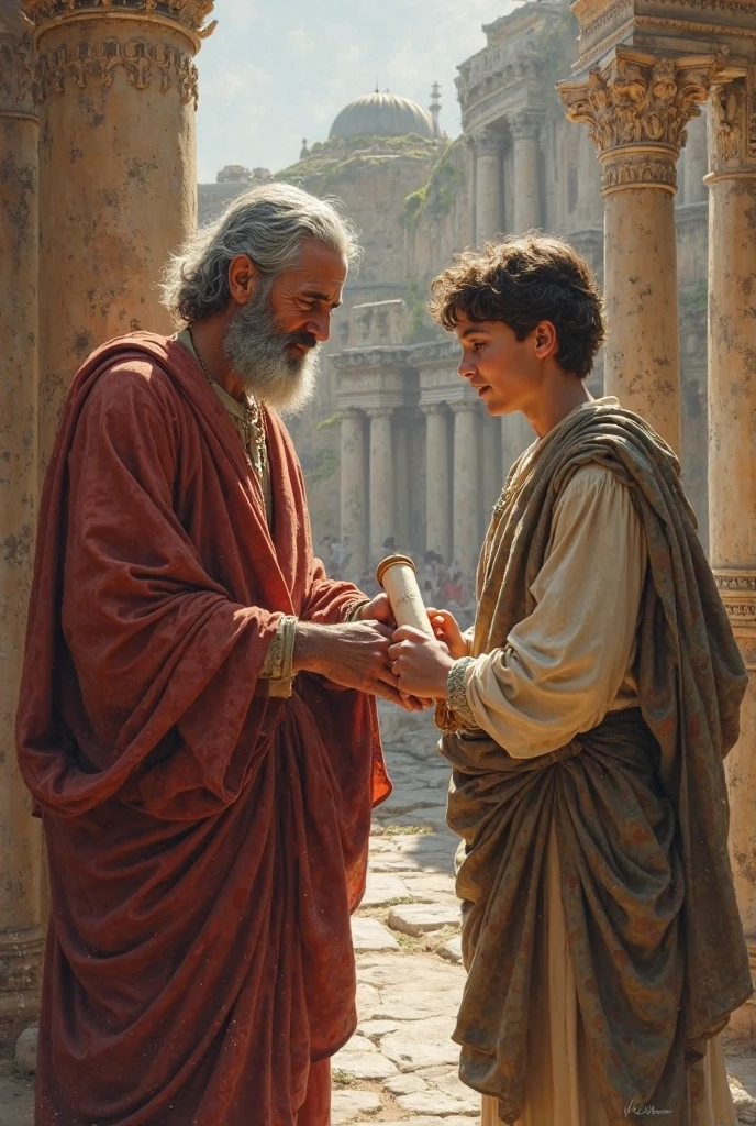 The apostle Paul holding a closed scroll in his hand and speaking to ...