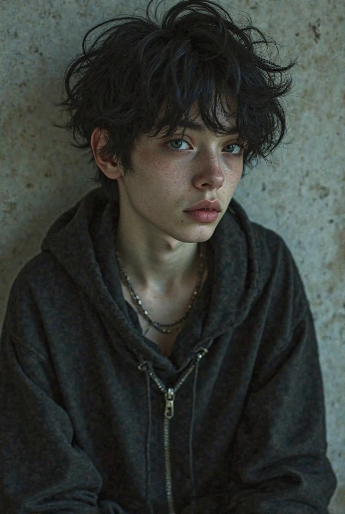 Pale guy. Messy black hair, little longer than ear length, fluffy ...