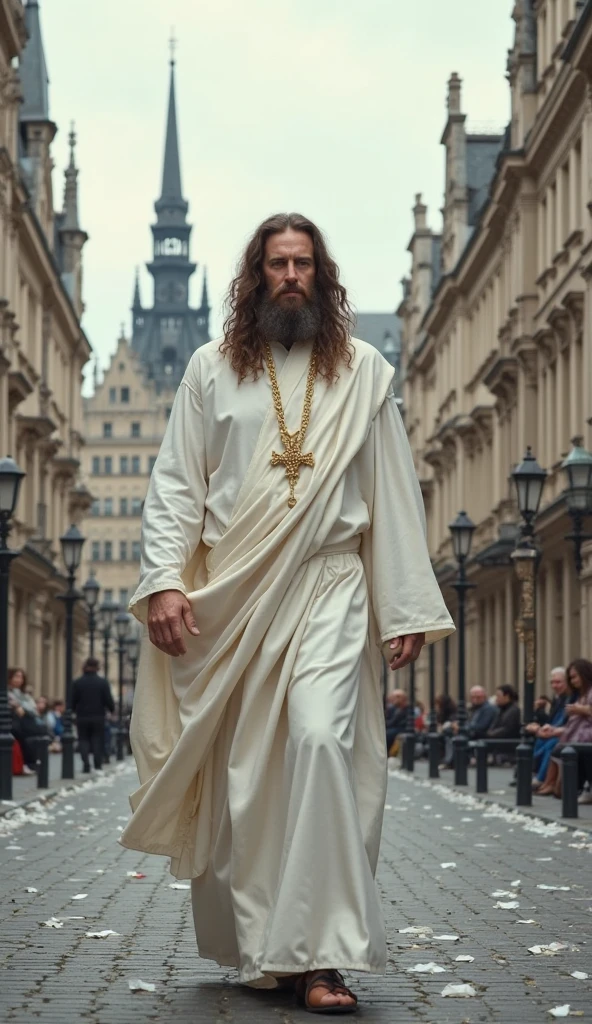 A tall, dignified man with long, wavy brown hair and a thick beard ...