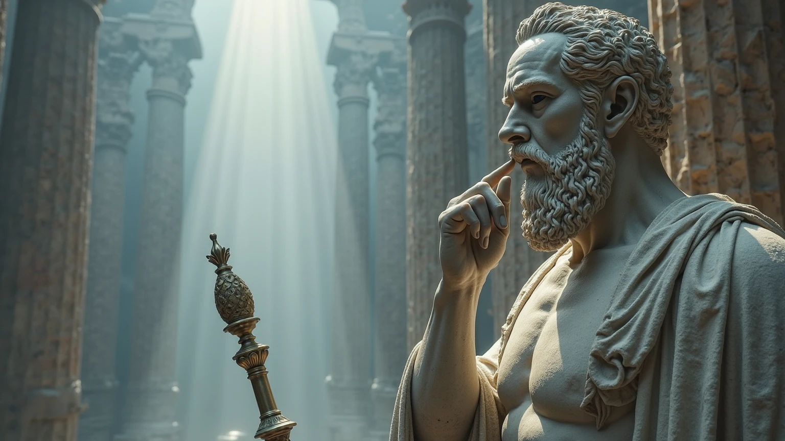 The Whispering Oracle – A regal marble figure, standing tall with a ...