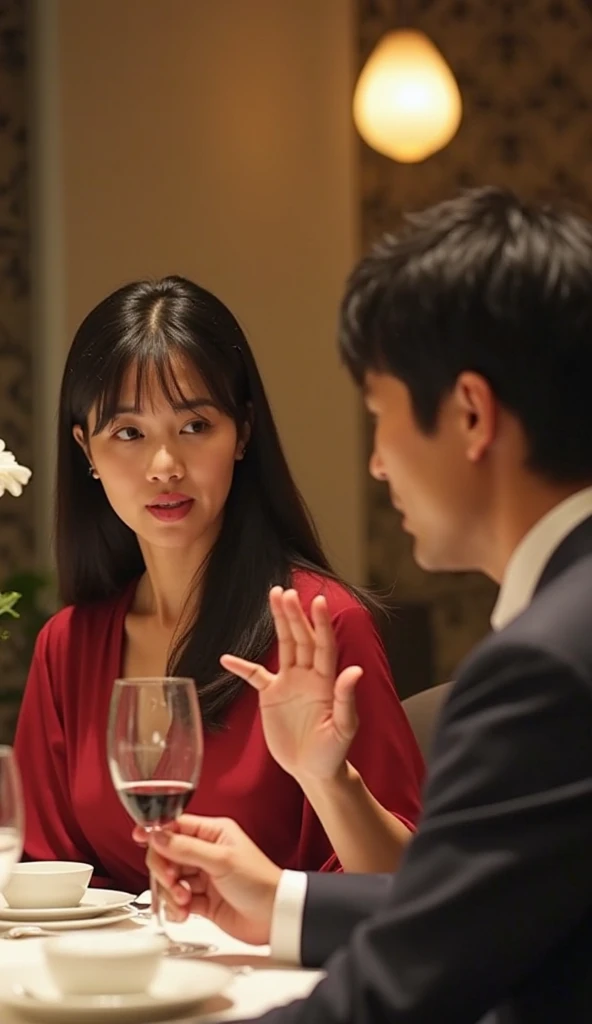 Real photo style、A Japanese couple in their 30s arguing at a restaurant ...