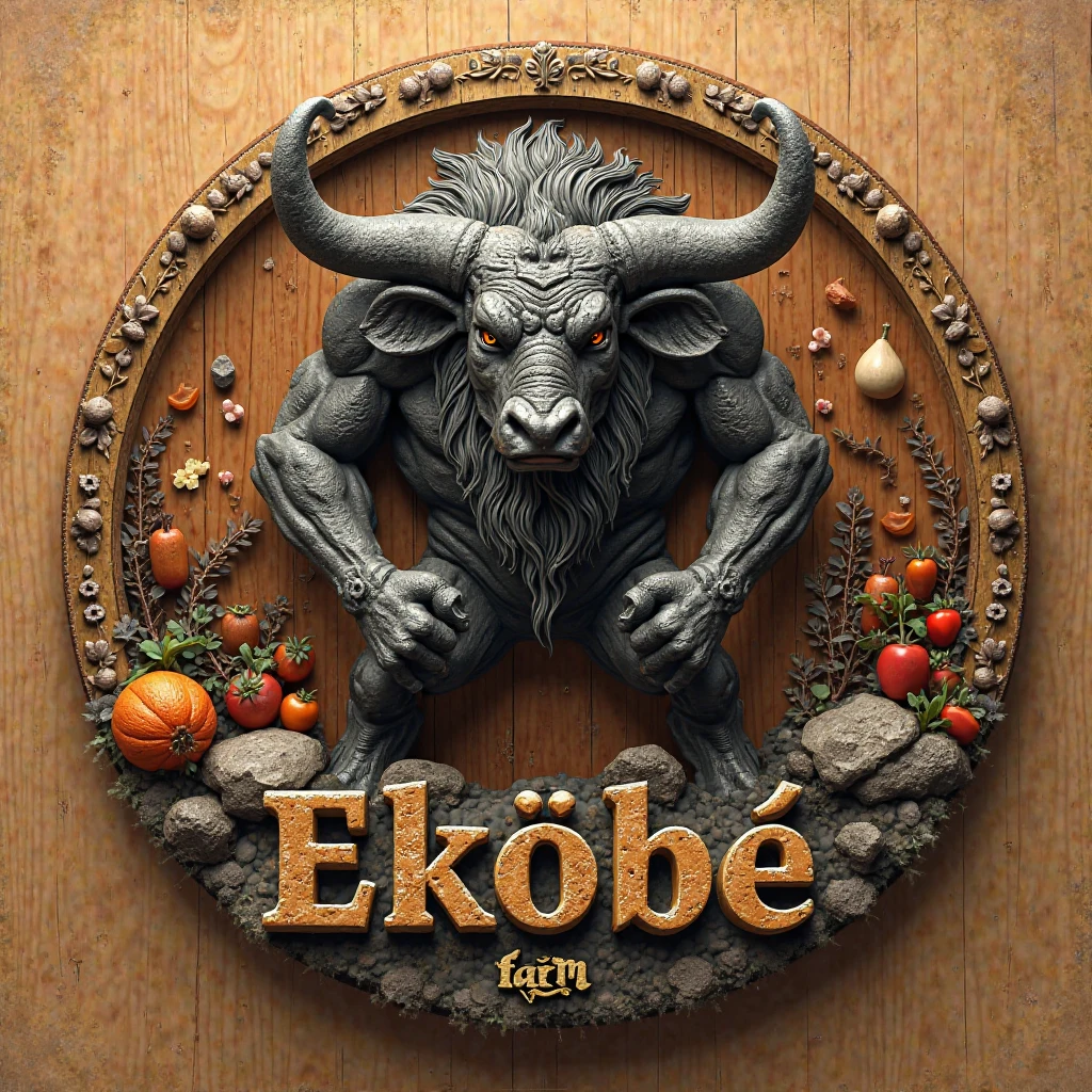 A Minotaur emblem, Iron, Madeira, food, stones, Written "Ekobé Farm ...