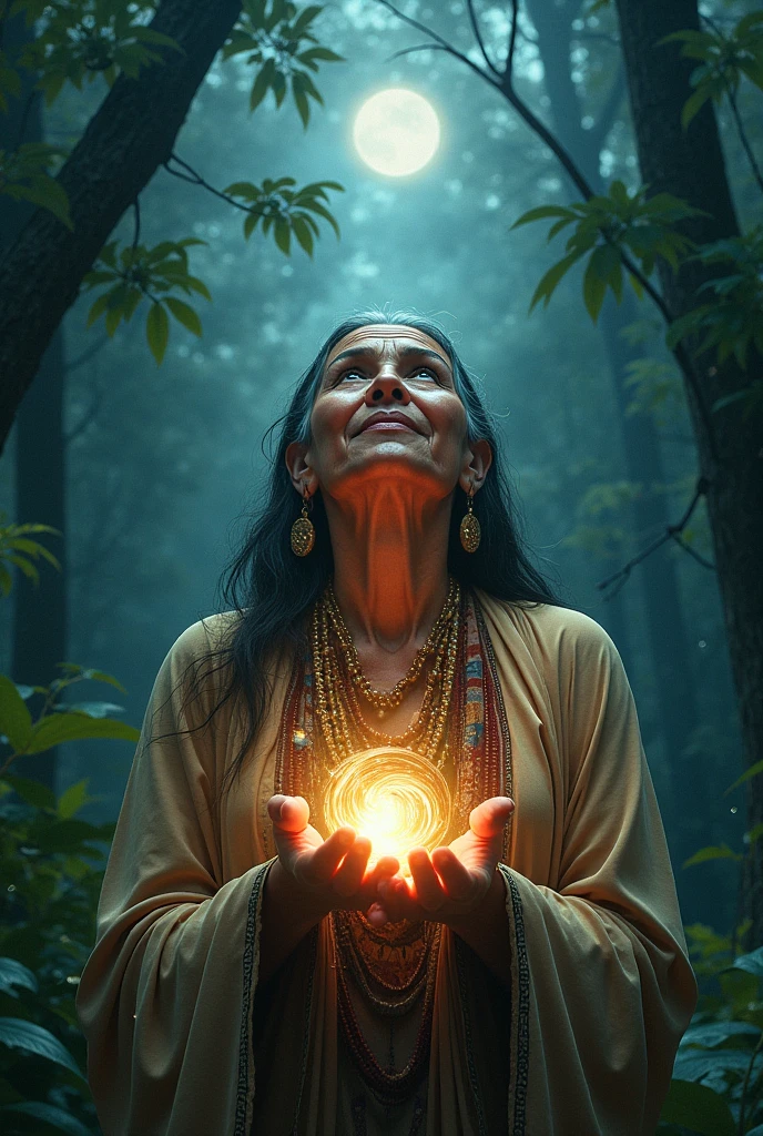 Create a xamic image with an indigenous older woman holding energy in ...
