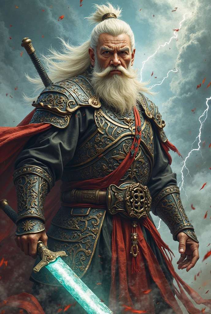 A full portrait of a wuxia older man in his fifties with striking blond ...