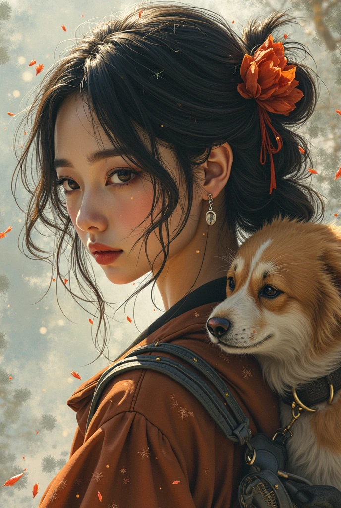 A close up of a woman with a dog on her back, a detailed painting by Yang J - SeaArt AI