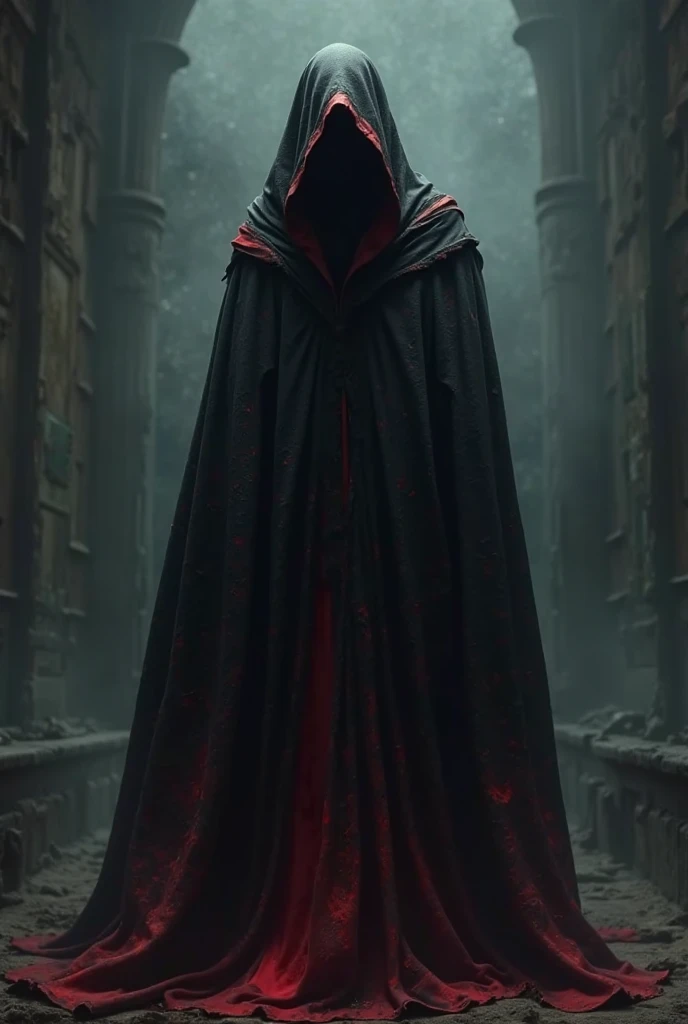 A character with a black cape with red details and with a covered face ...
