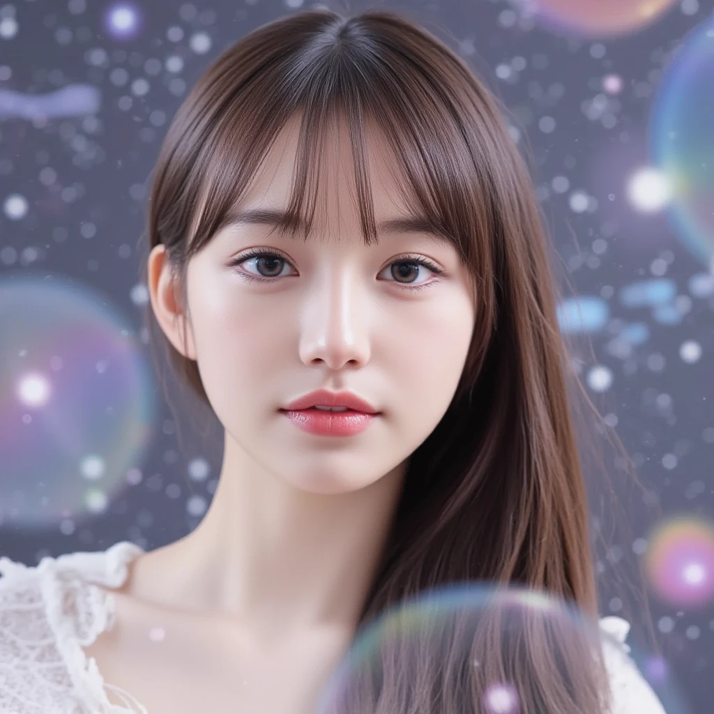 Long brown hair with bangs, k-idol, Big doe eyes, big plump lips ...