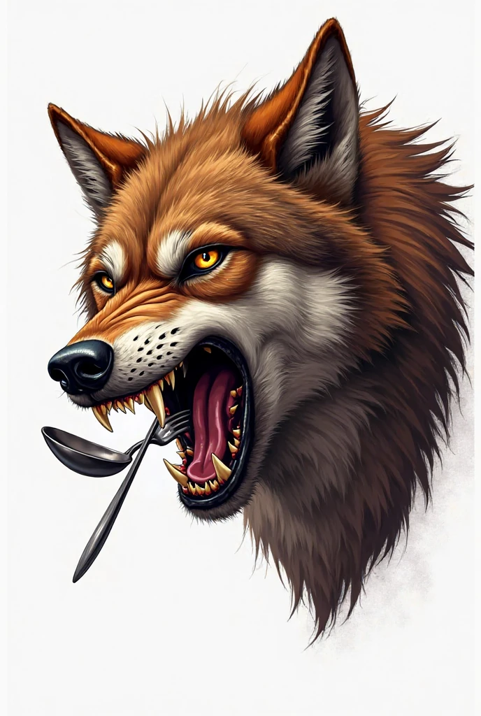 Illustration of a rage wolf and spoon&fork on his teeth facing sideways ...