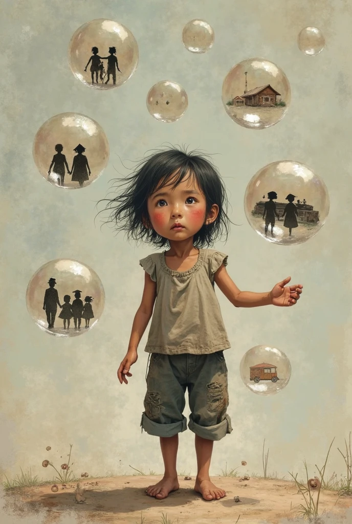A poor filipino young girl blowing bubbles, there are bubbles in the ...
