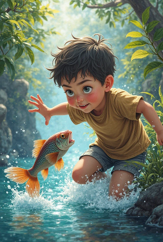 A young boy (Babul) sitting by a riverbank, holding a small fishing net ...