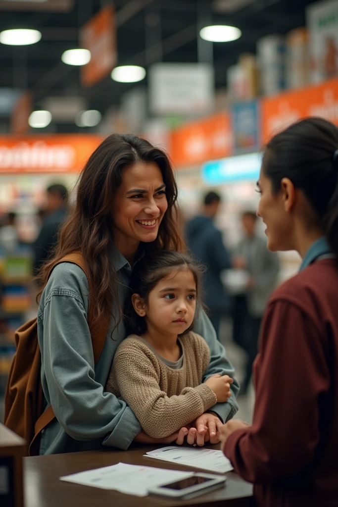 A mother talking angrily with a cashier and a holding hands - SeaArt AI