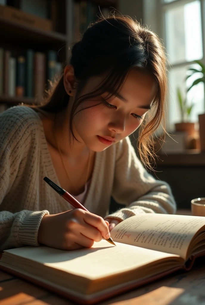 A girl feverishly writing in a notebook - SeaArt AI